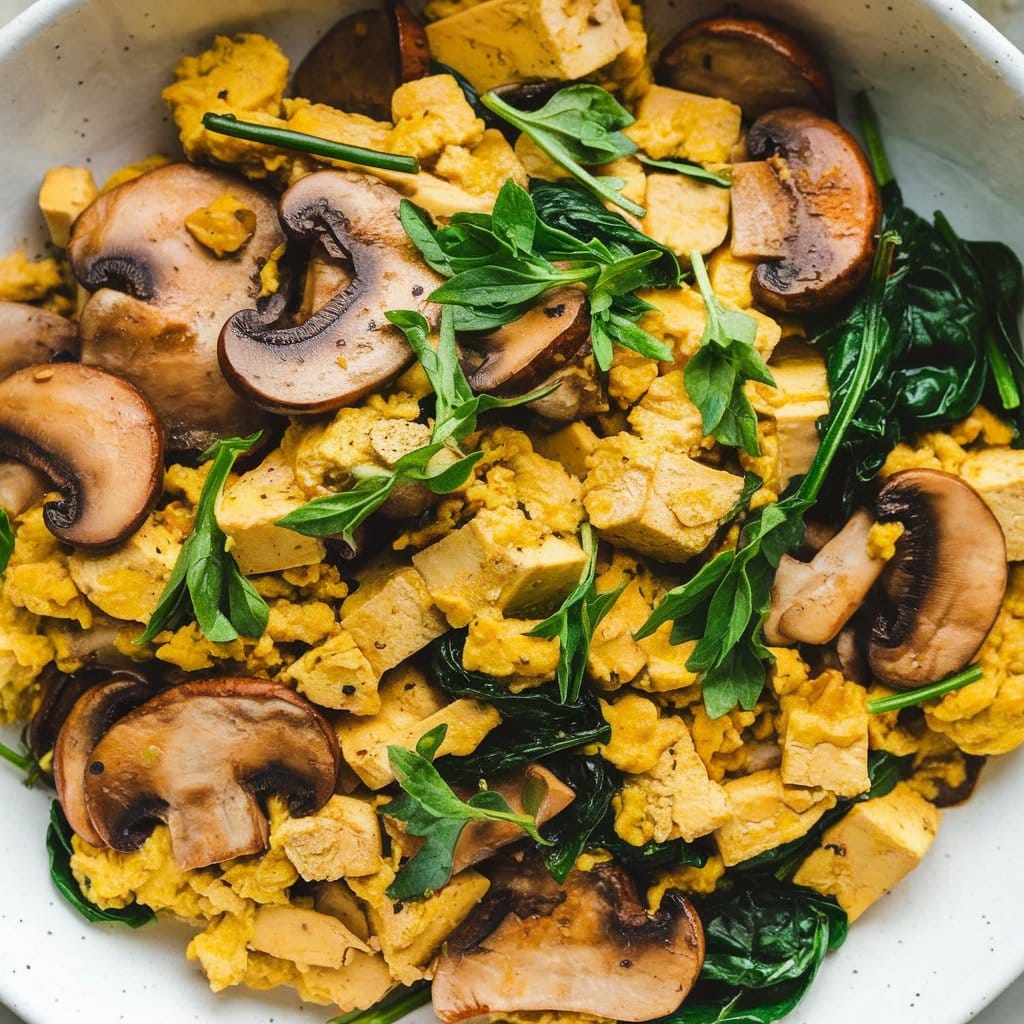 Tofu Scramble with Spinach and Mushrooms (Vegan & High Protein)